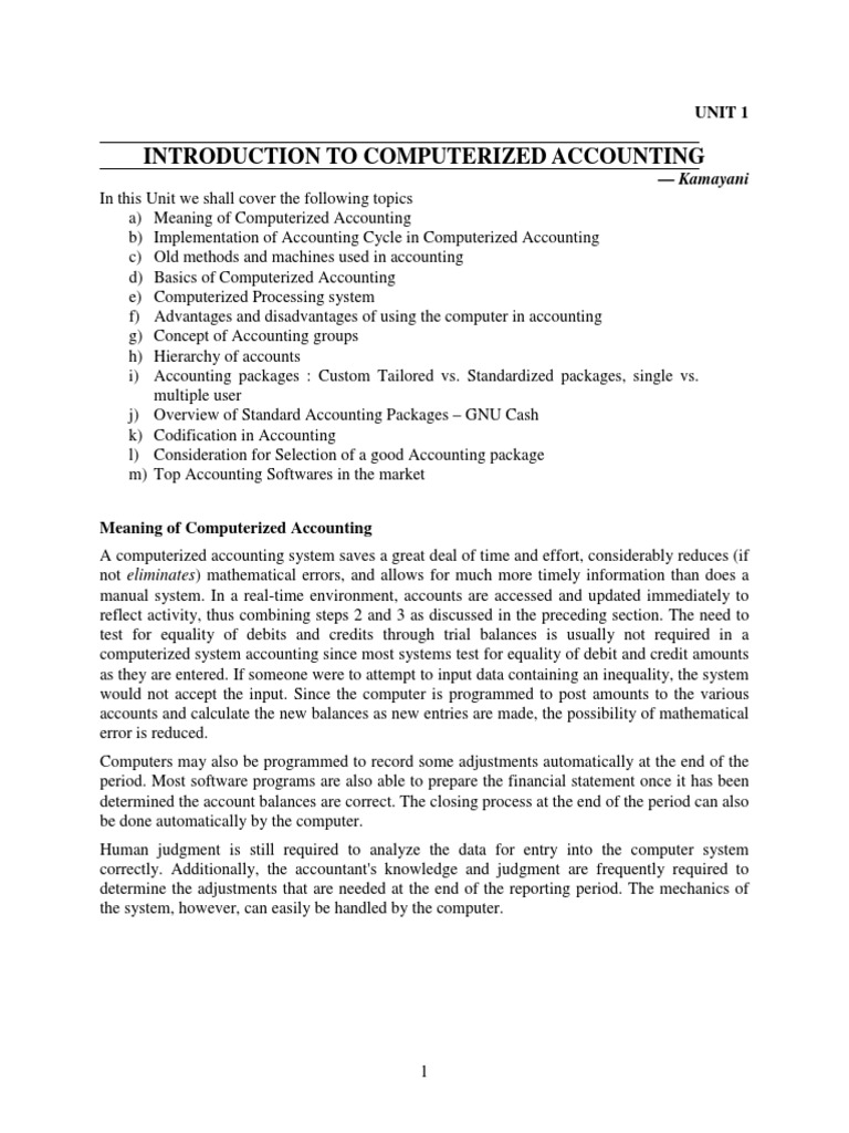 Introduction To Computerized Accounting: Unit 1 | PDF | Finance & Money ...