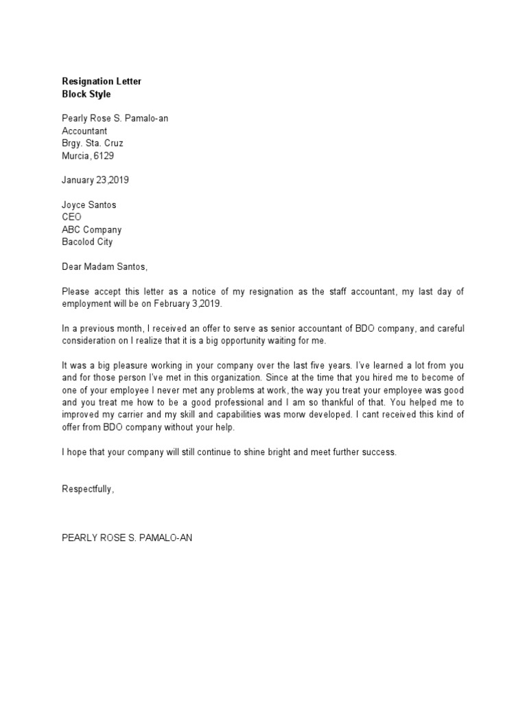 Resignation Letter Block Style | PDF