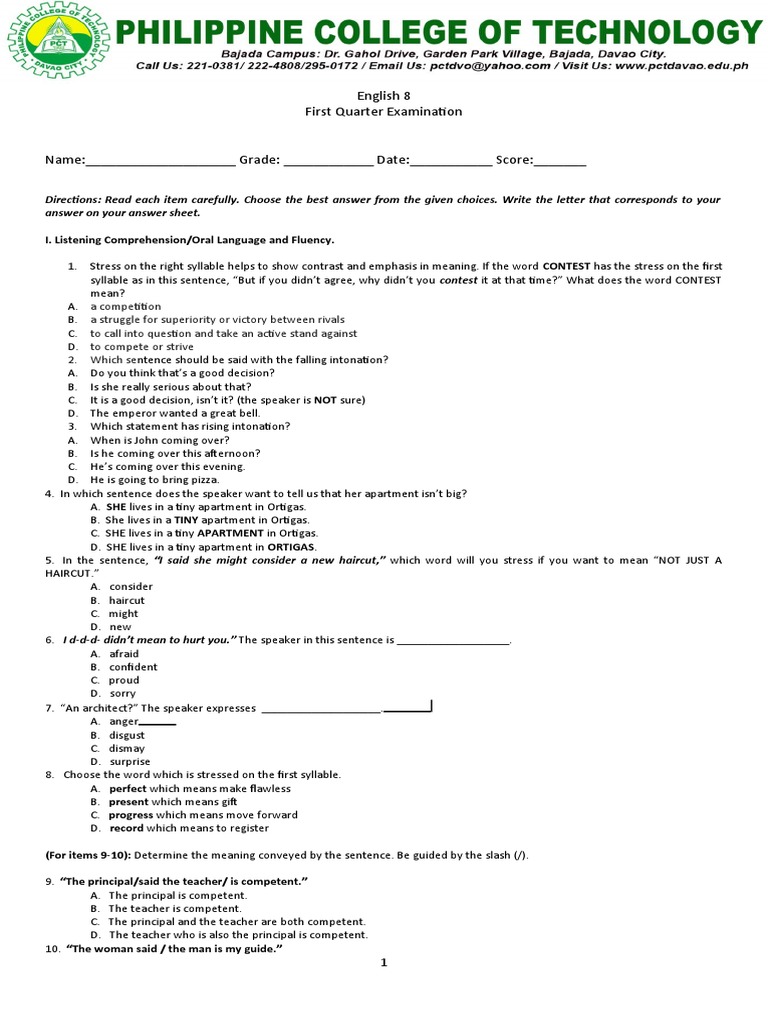 English 8 1st Quarter Exam | PDF | Sita | Stress (Linguistics)