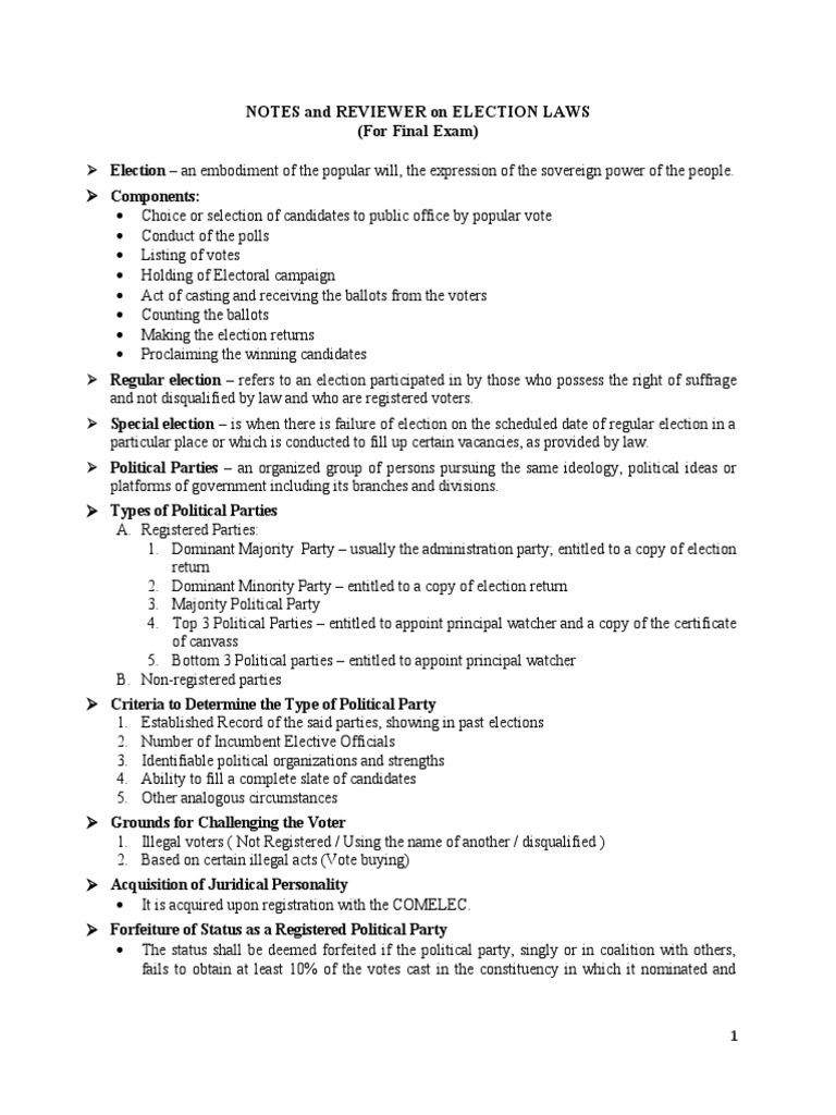 Notes & Reviewer On Election Laws (For Final Exam) | Download Free PDF ...
