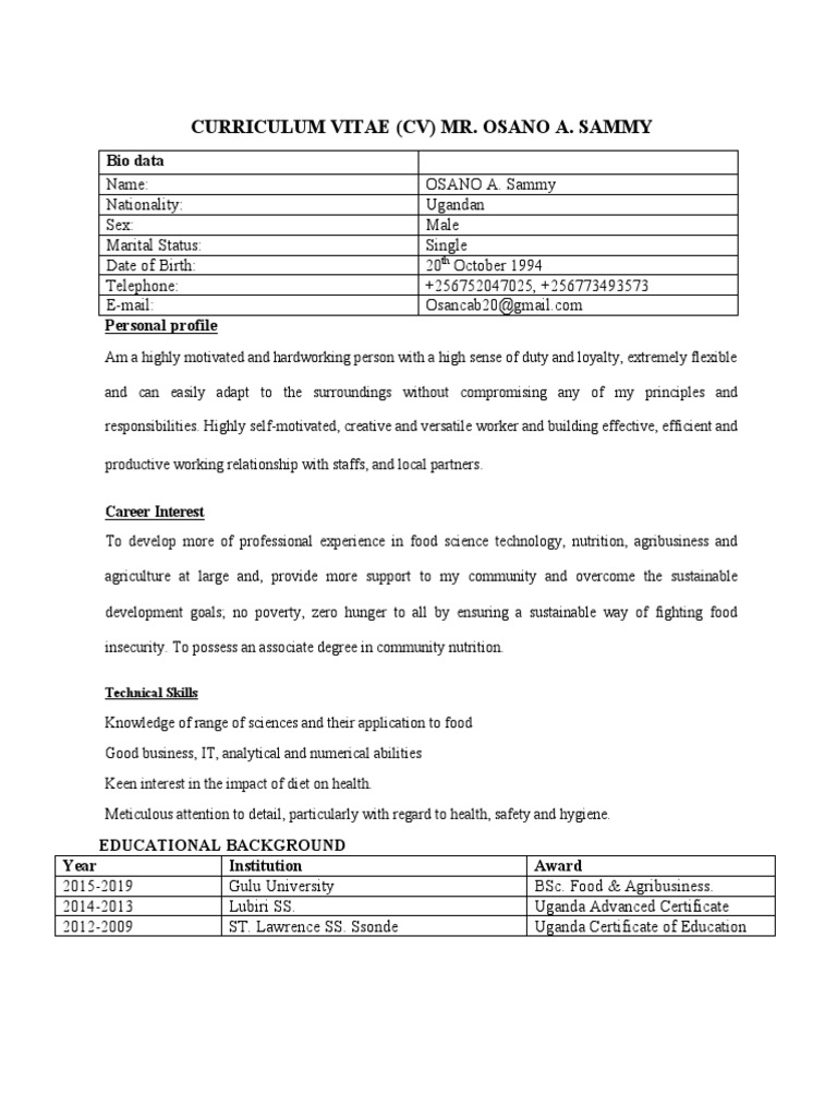 Curriculum Vitae (CV) Mr. Osano A. Sammy: Bio Data | Download Free PDF | Agriculture