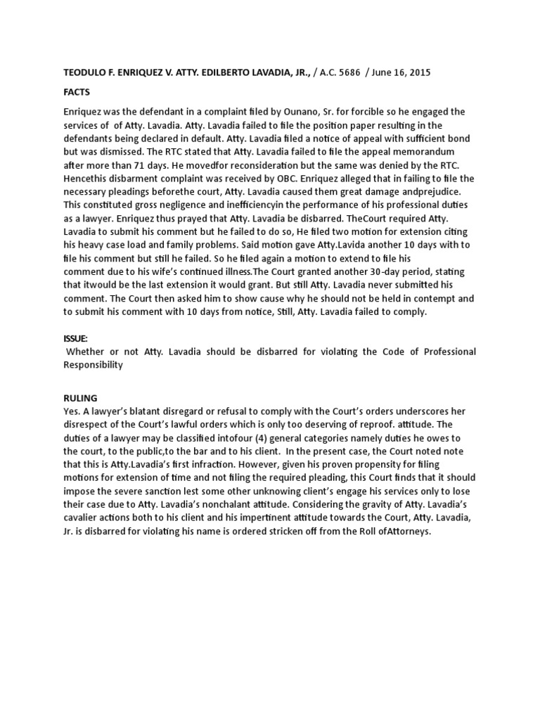 TEODULO F. ENRIQUEZ V. ATTY. EDILBERTO LAVADIA, JR., A.C. 5686 June 16, 2015 | PDF | Pleading ...