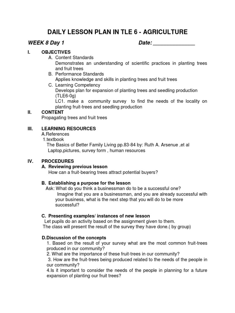 Daily Lesson Plan in Tle 6 - Agriculture: WEEK 8 Day 1 Date | Download ...