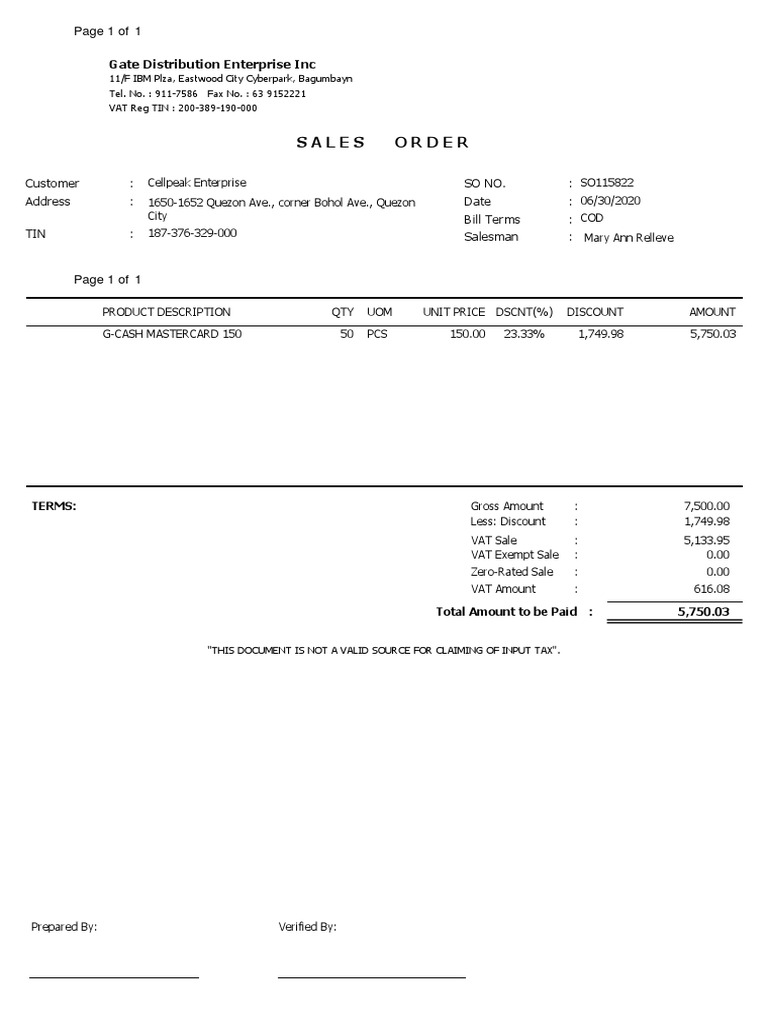 Sales Order: Gate Distribution Enterprise Inc | PDF