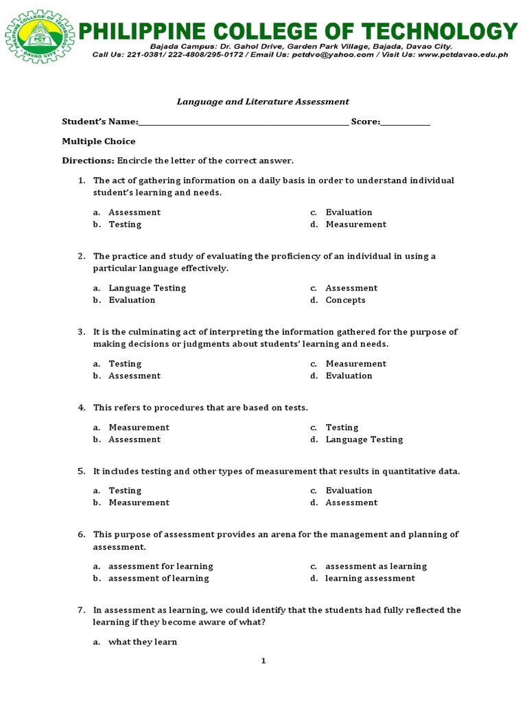 Student's Name: - Score: - Multiple Choice Directions: Encircle The ...