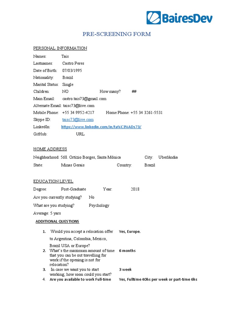 PreScreening Form | PDF | Communication | Business