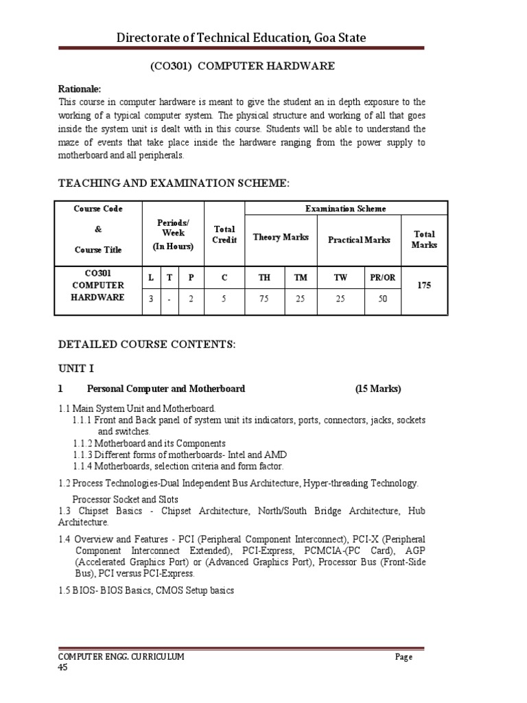 Directorate of Technical Education, Goa State: (Co301) Computer Hardware | PDF | Computer ...