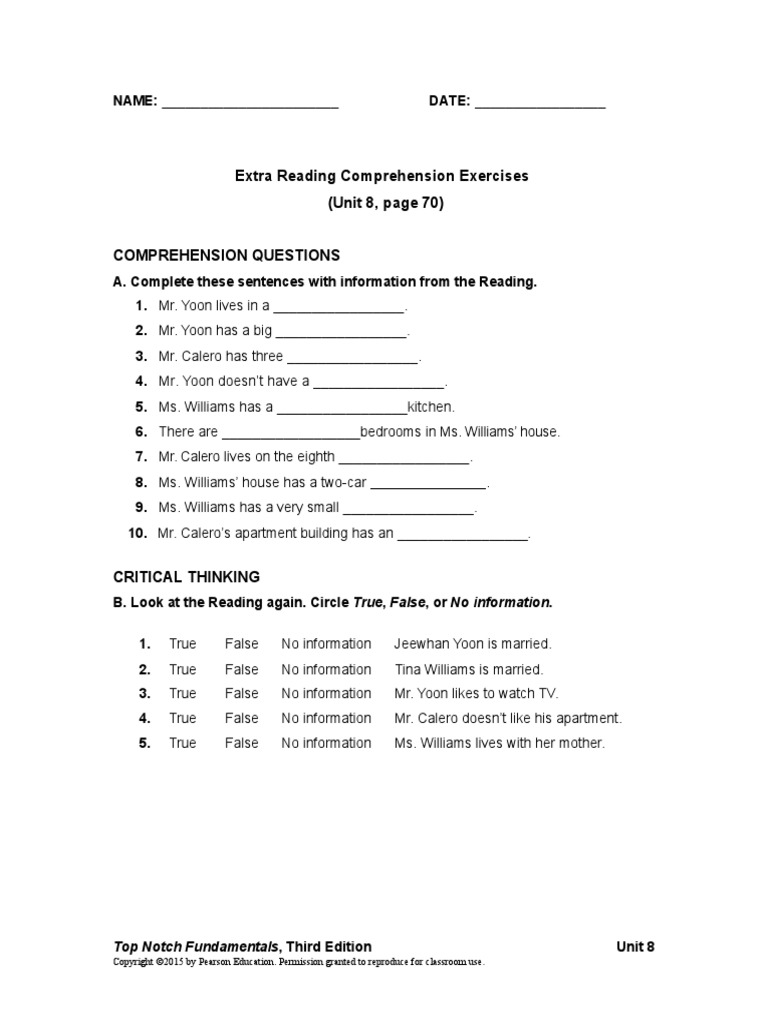 Extra Reading Comprehension (Unit 8, Page 70) Exercises: Top Notch ...
