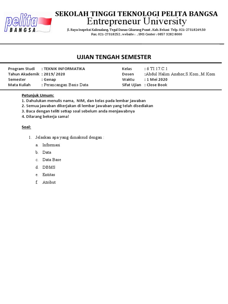 Ujian Perancangan Basis Data TI 2019 | PDF