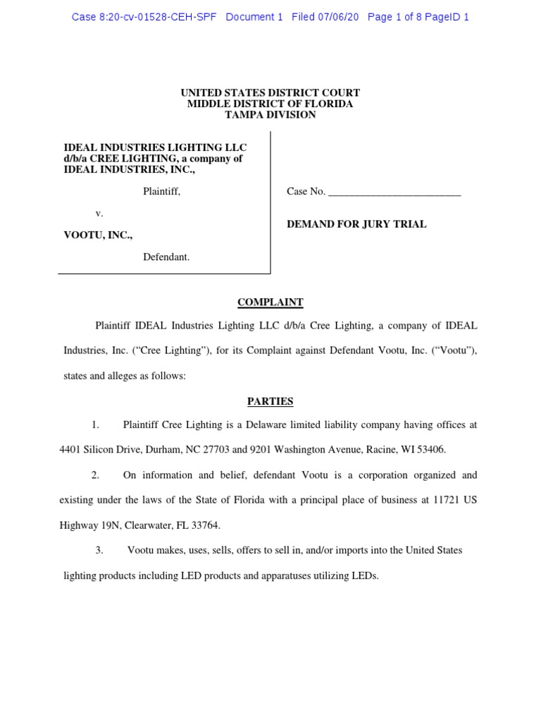 Ideal Industries Lighting v. Vootu - Complaint | PDF | Patent ...