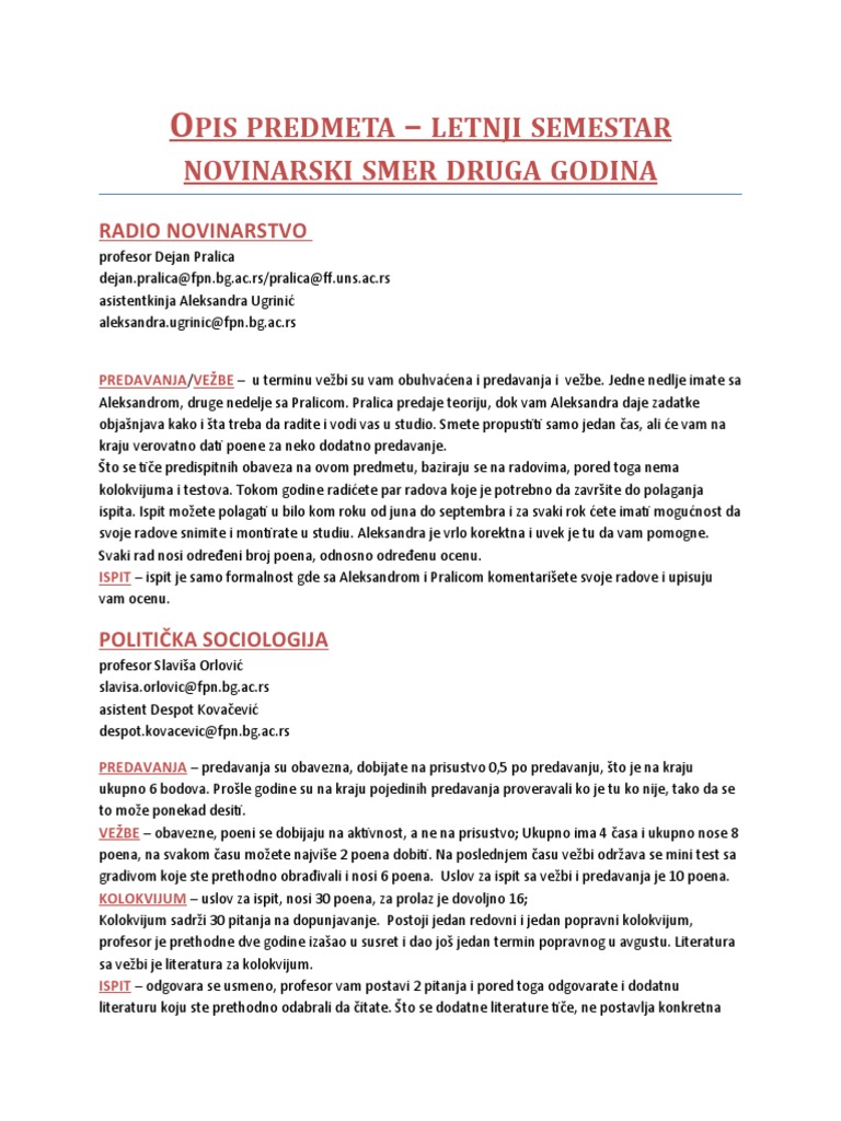 Opis Predmeta N Smer Četvrti Semestar | PDF