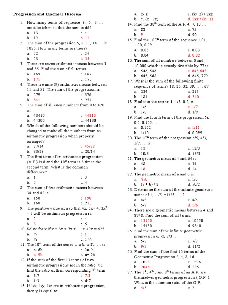 ECE Review-Progression and Binomial Theorem | PDF | Mean | Summation