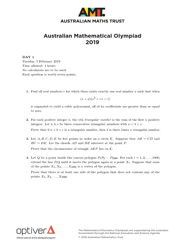 AMO 2019 Paper and Solutions | PDF | Triangle | Perpendicular