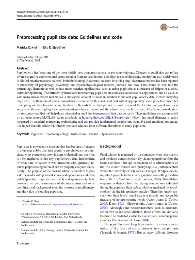 Preprocessing Pupil Size Data: Guidelines and Code: Background | PDF