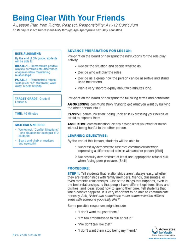 Being Clear With Your Friends: A Lesson Plan From Rights, Respect ...