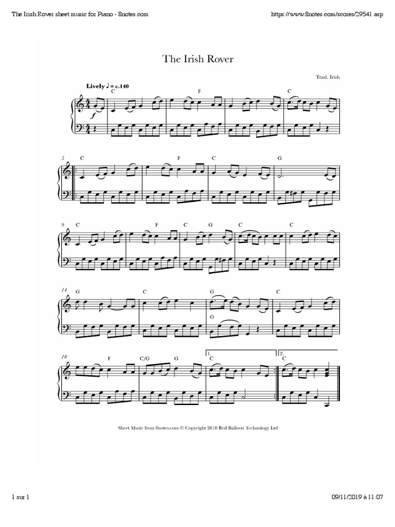 The Irish Rover Sheet Music For Piano | PDF
