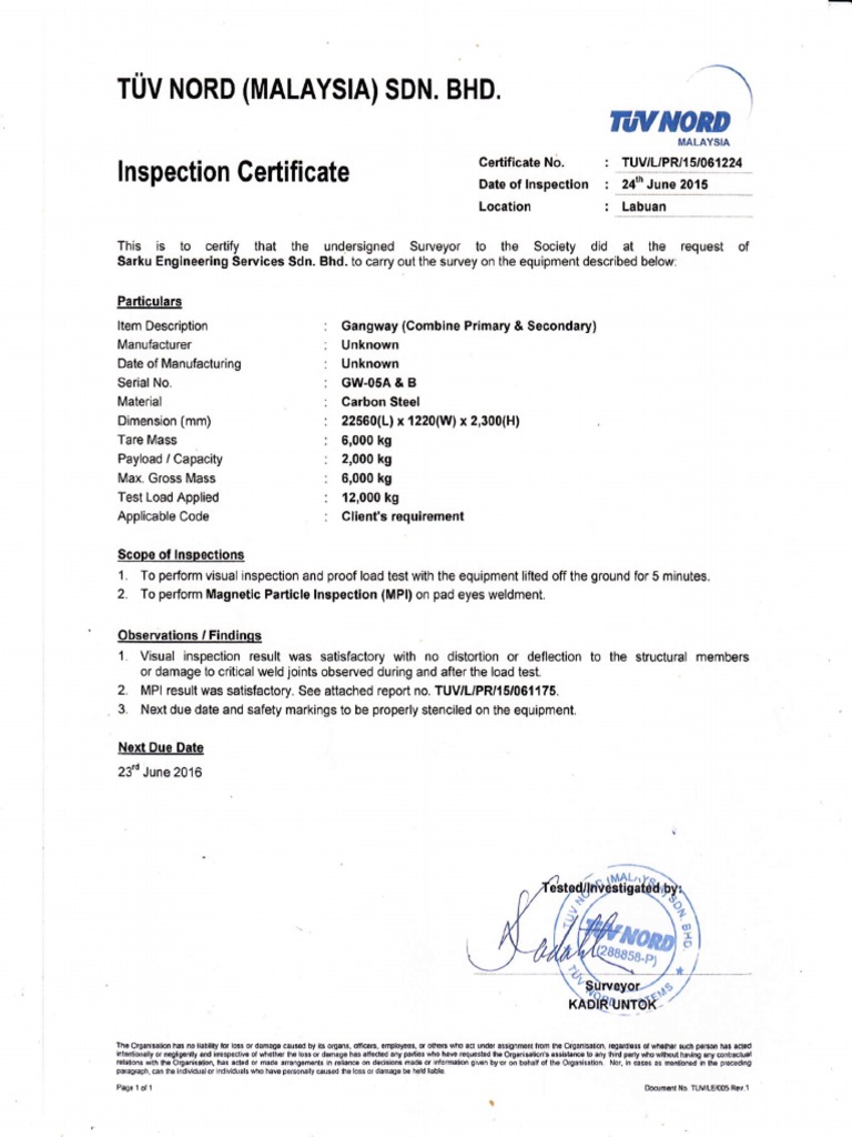 Gangway Inspection and Certification Report | PDF