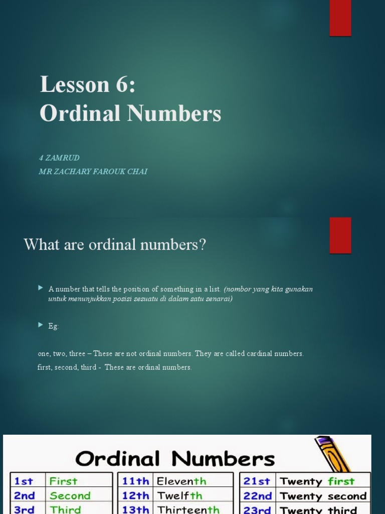 Lesson 6: Ordinal Numbers: 4 Zamrud MR Zachary Farouk Chai | PDF