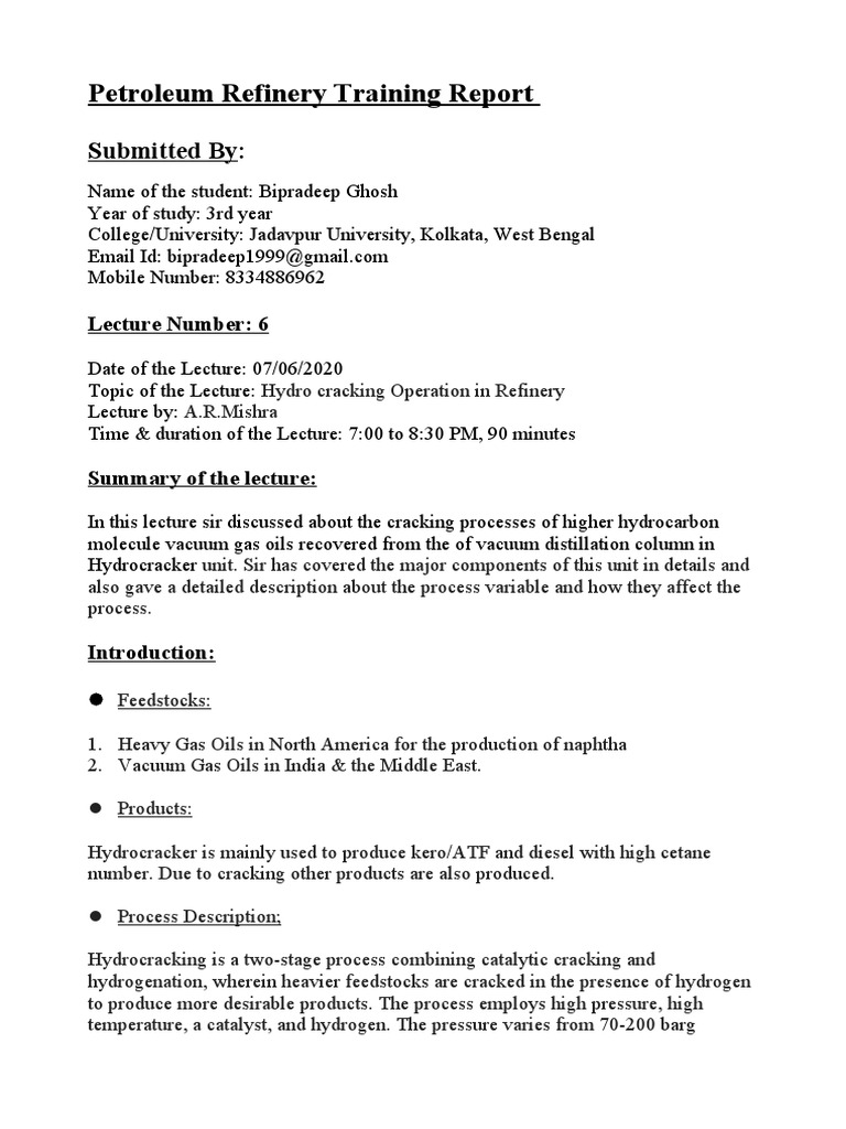 Lecture6 - Hydro Cracking Operation in Refinery | PDF | Cracking ...