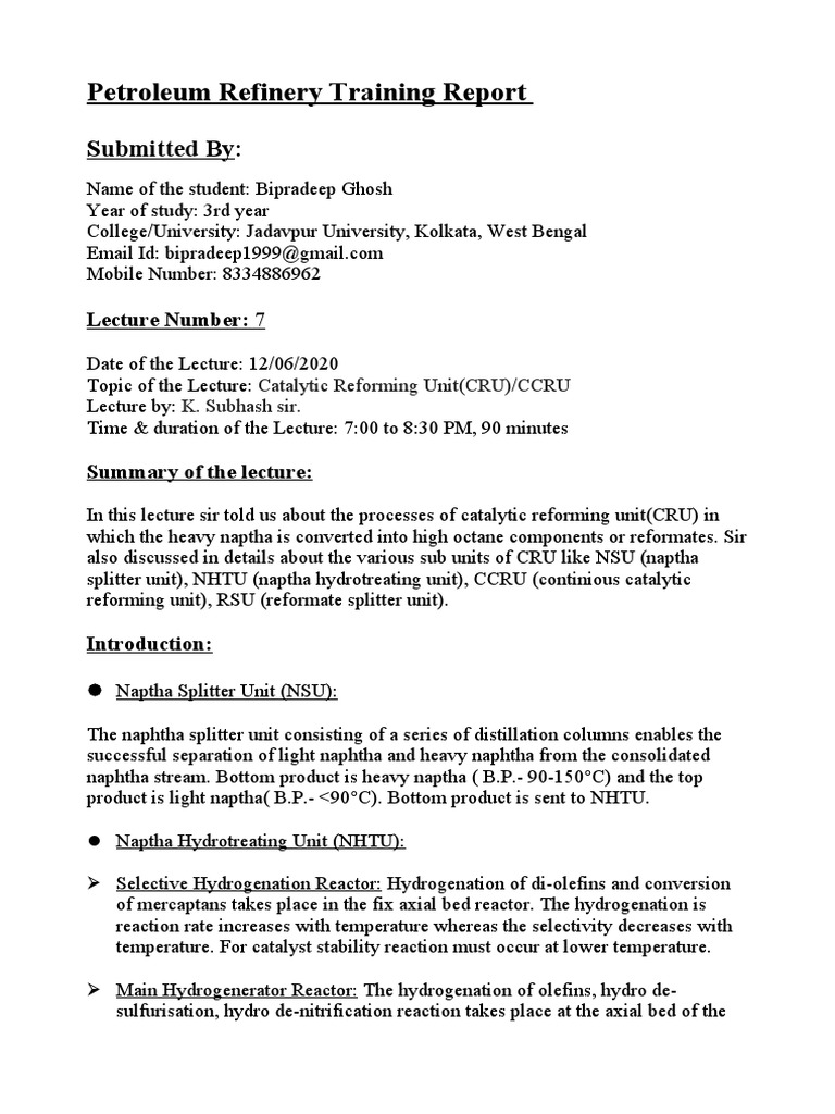 Lecture7 - Catalytic Reforming Unit (CRU) | PDF | Chemical Reactor ...