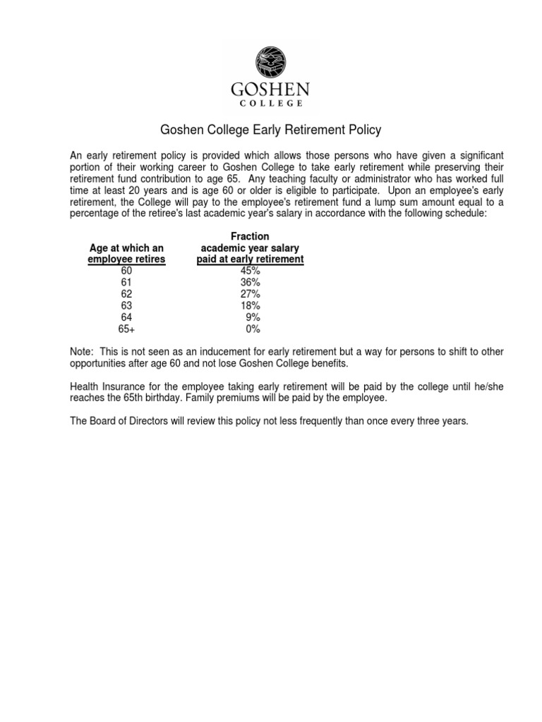 Goshen College Early Retirement Policy | PDF