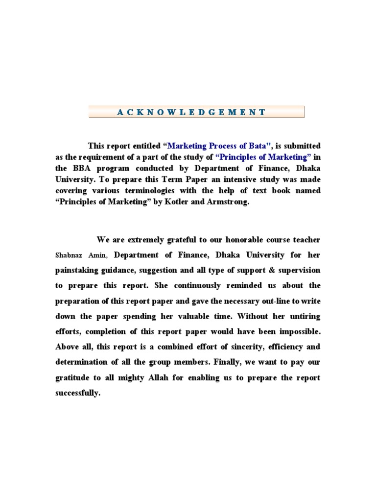 Acknowledgement Marketing Process Of Bata Principles Of Marketing Pdf