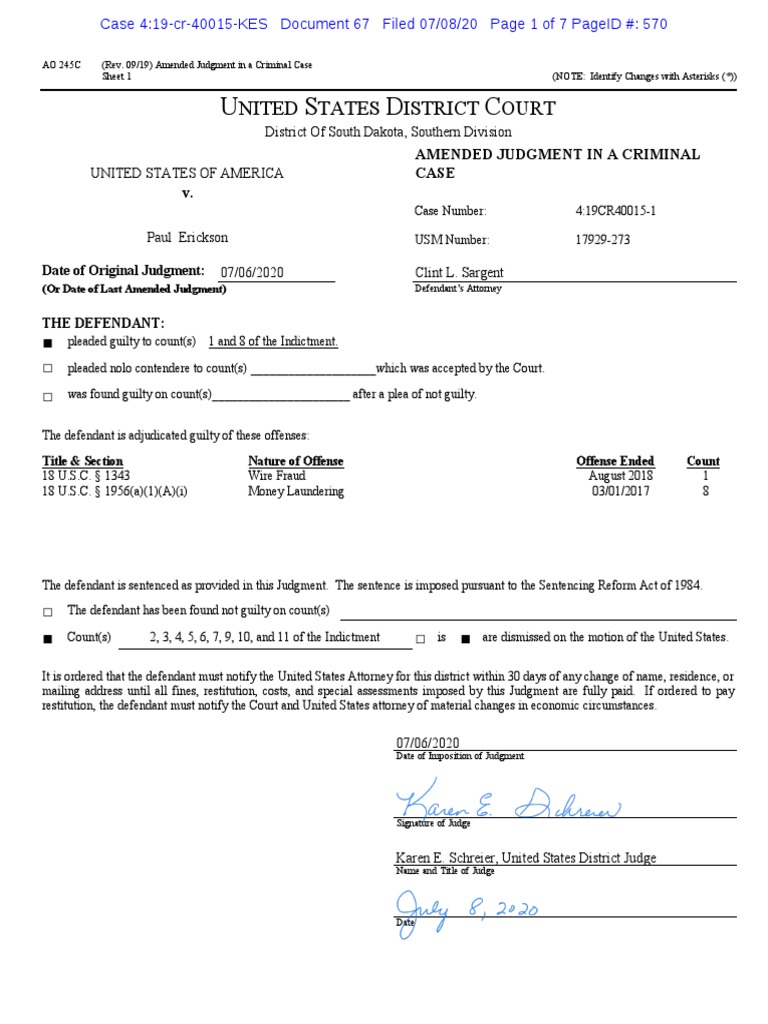 Paul Erickson Amended Judgment in A Criminal Case Seven Pages July 9th ...