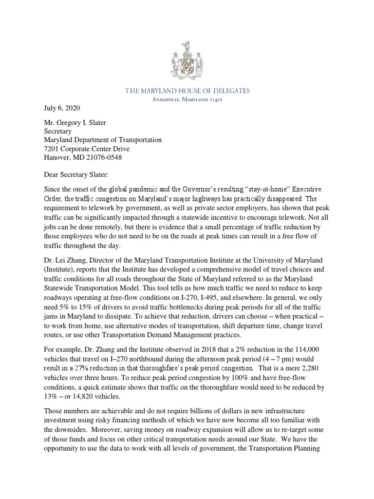 MDOT Secretary Slater Letter - Telework | PDF | Telecommuting | Traffic ...