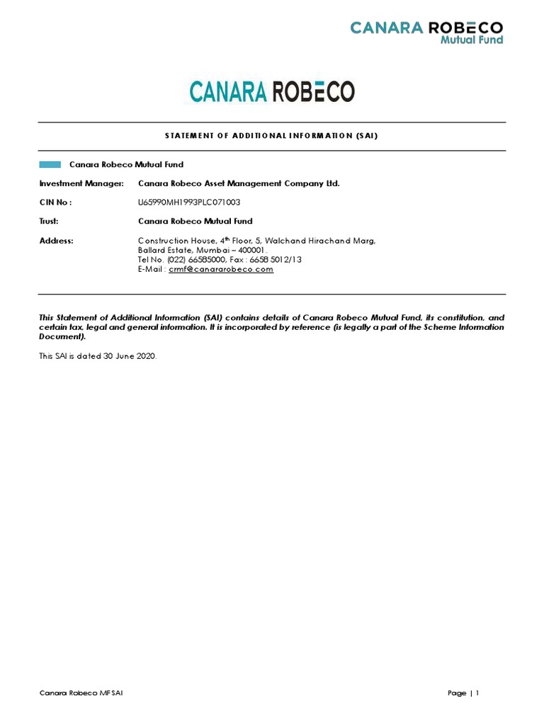 Canara Robeco Mutual Fund Statement of Additional Information: A Comprehensive Guide to Fund ...