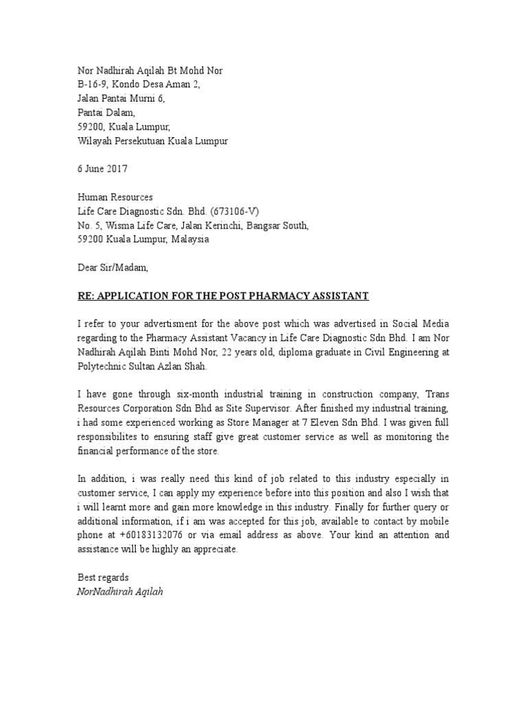 Cover Letter for Pharmacy Assistant.doc