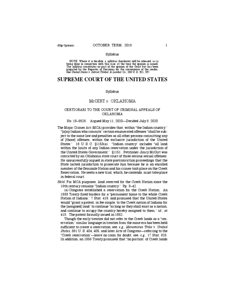 McGirt V Oklahoma - 070920 | PDF | Indian Reservation | Muscogee