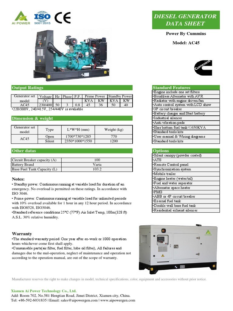Diesel Generator Data Sheet: Power by Cummins Model: AC45 | PDF ...