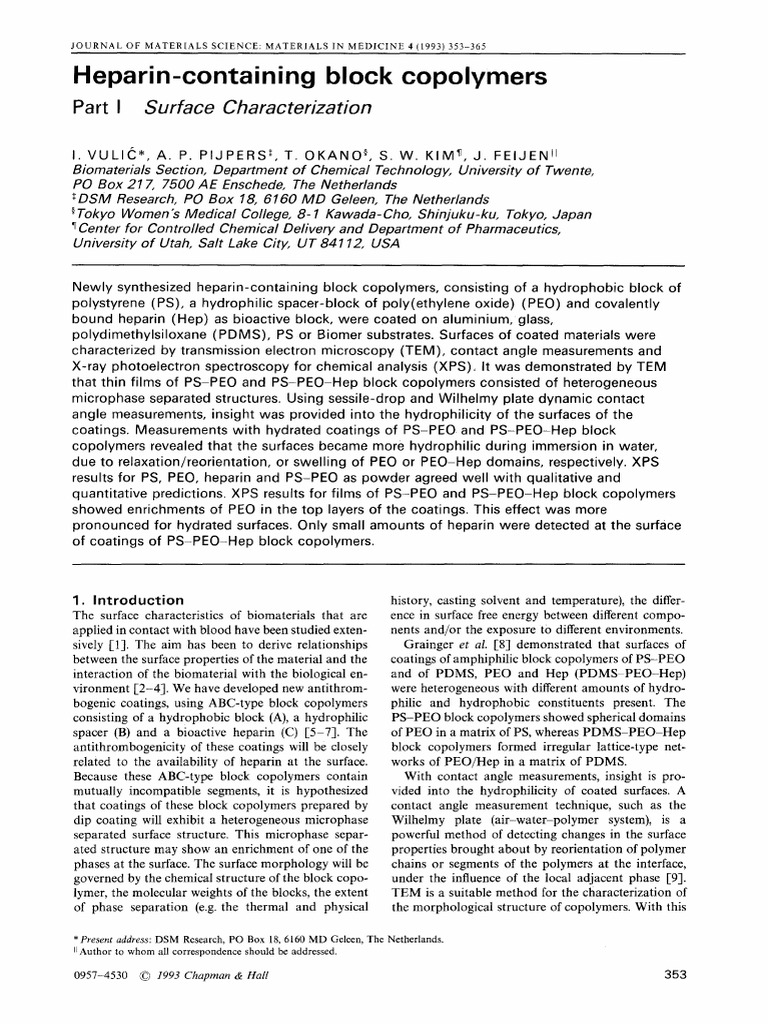 Heparin-Containing Block Copolymers - Part I Surface Characterization ...