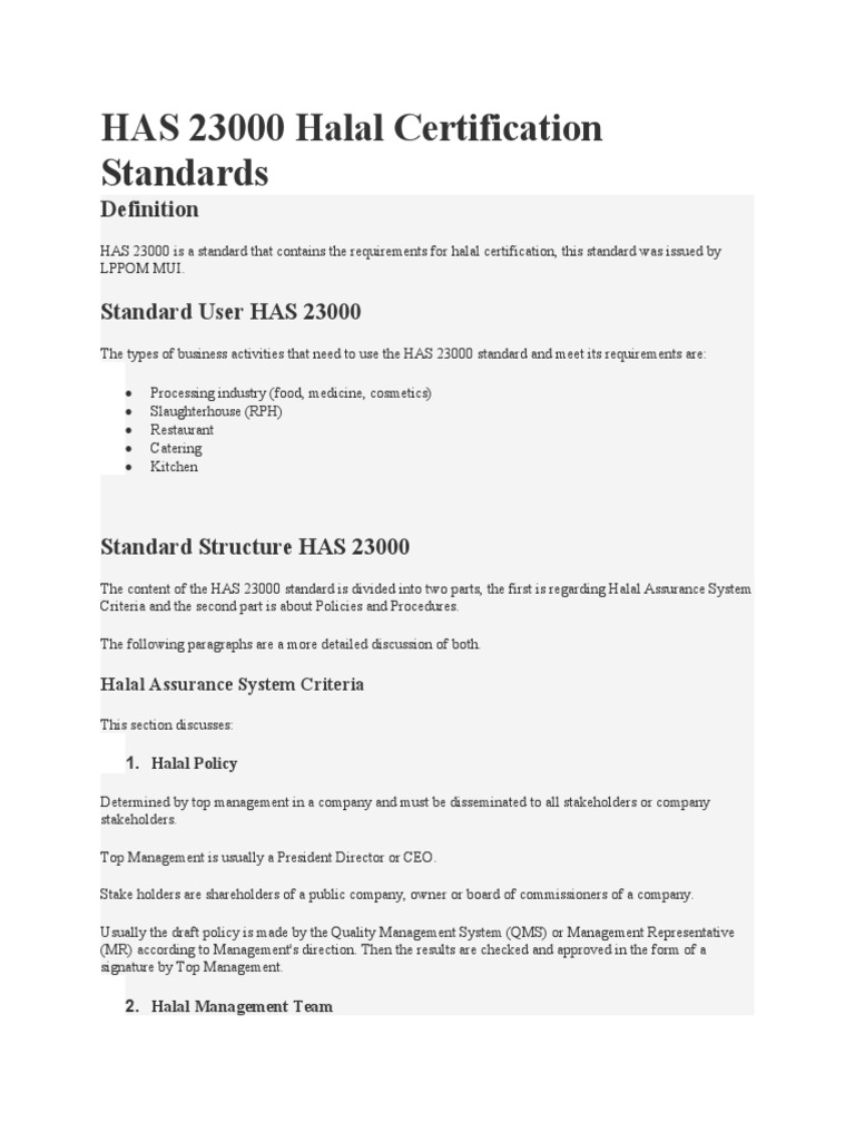 HAS 23000 Halal Certification Standards | PDF | Internal Audit | Audit