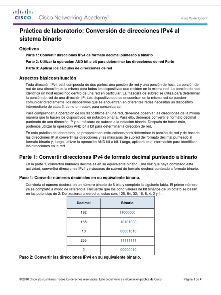 7.1.2.9 Lab - Converting IPv4 Addresses To Binary | PDF | Informática | Tecnología