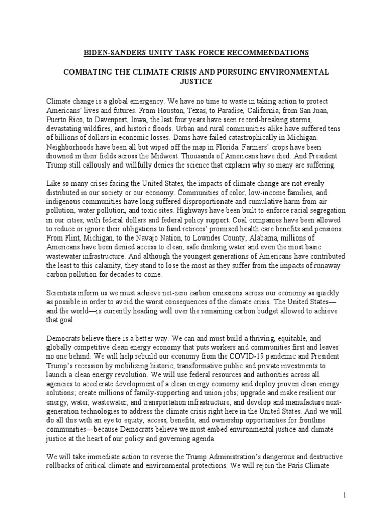 Biden-Sanders Unity Task Force Recommendations | PDF | Prison | Sustainable Energy