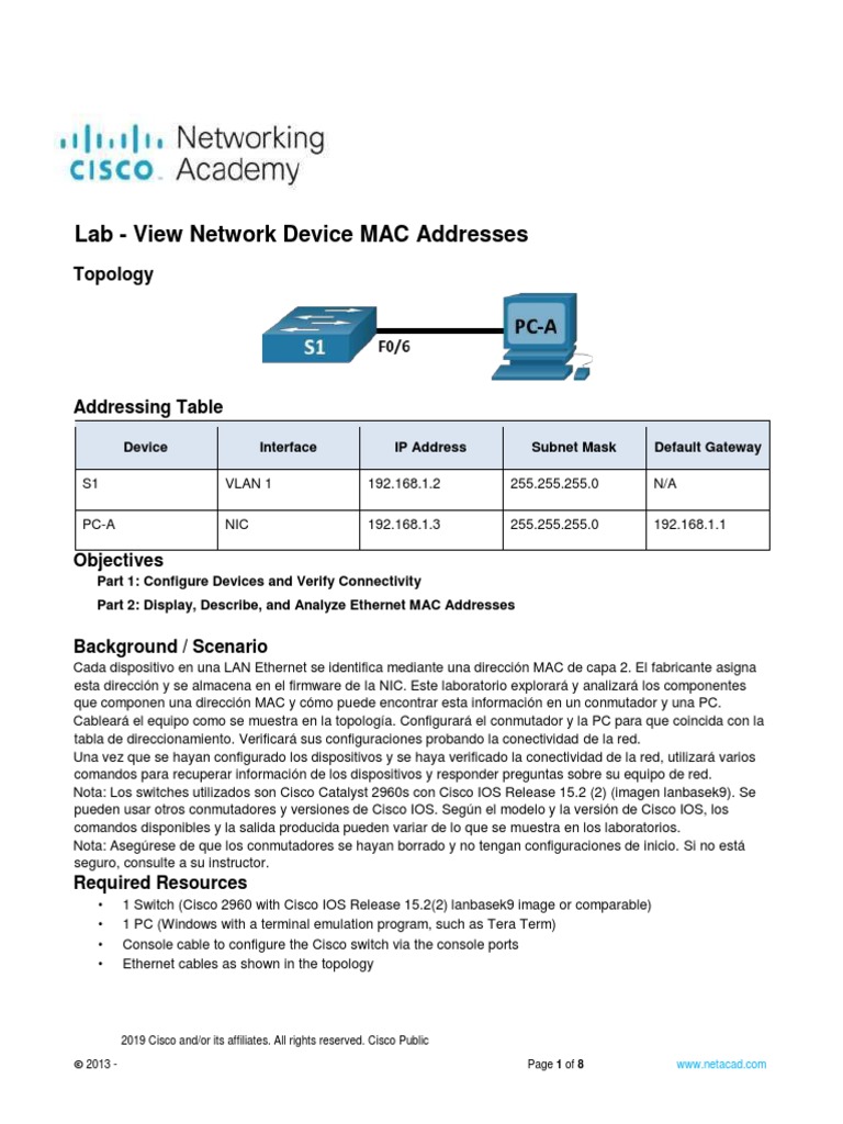 7.2.7 Lab - View Network Device Mac Addresses | PDF | Conmutador de red | Controlador de ...