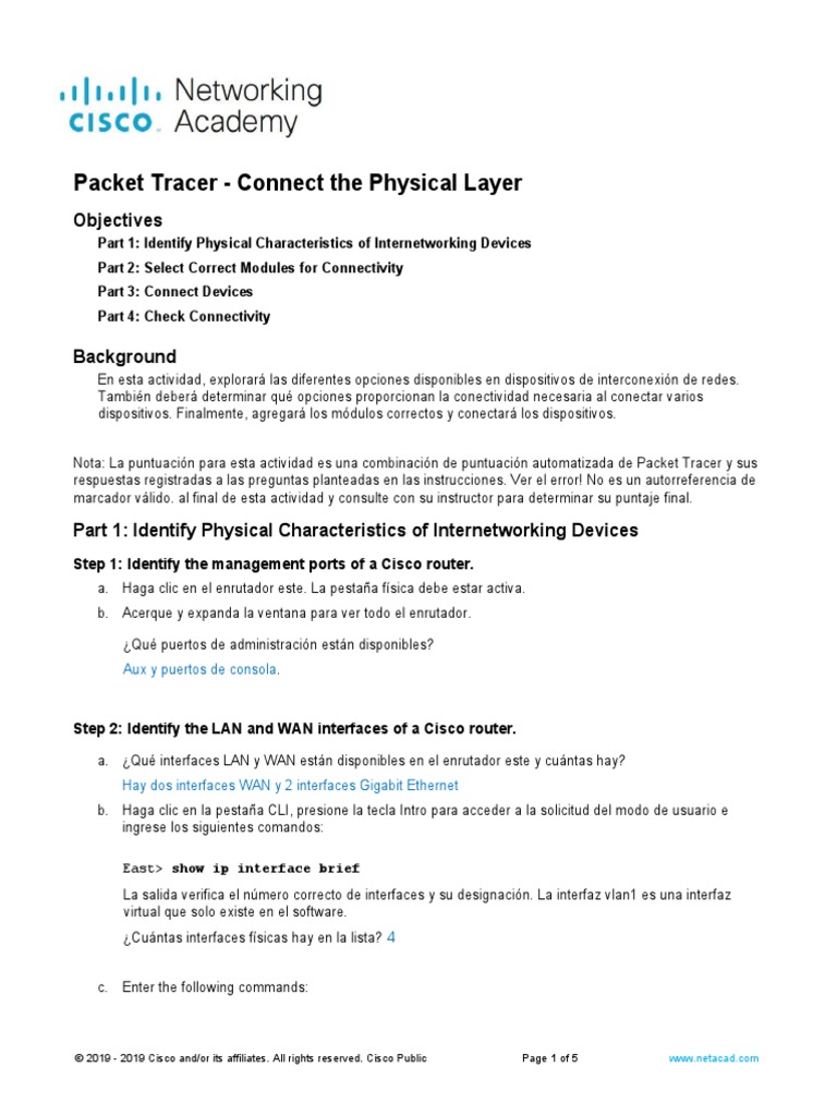 4.7.1packet Tracer - Connect The Physical Layer | PDF | Red de área amplia | Enrutador (Computación)