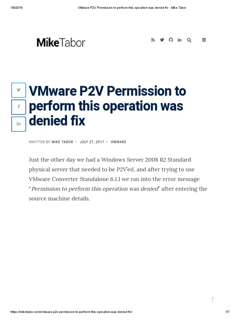 VMware P2V Permission To Perform This Operation Was Denied Fix - Mike Tabor PDF | PDF | V Mware ...