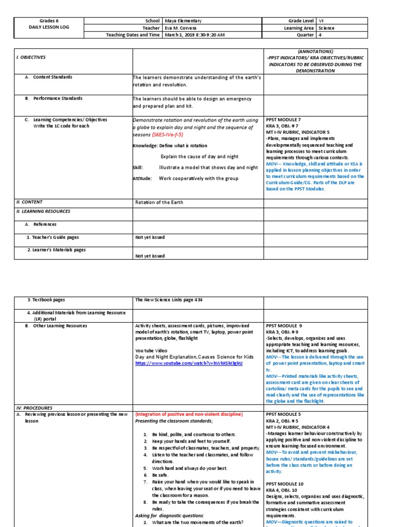 Cot - DLP - Science 6 - Earth's Rotation by Master Teacher Eva M. Corvera | PDF | Educational ...