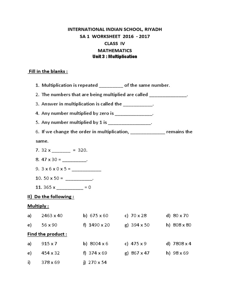 International Indian School, Riyadh SA 1 WORKSHEET 2016 - 2017 Class Iv Mathematics | PDF