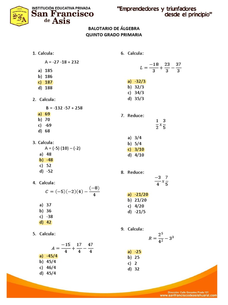 Balotario Álgebra #1 Quinto Grado | PDF
