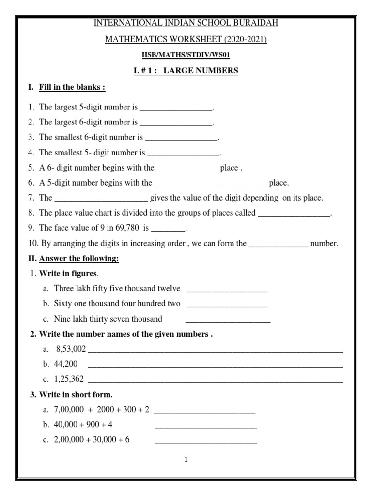 L # 1: Large Numbers I. Fill in The Blanks:: Iisb/Maths/Stdiv/Ws01 ...