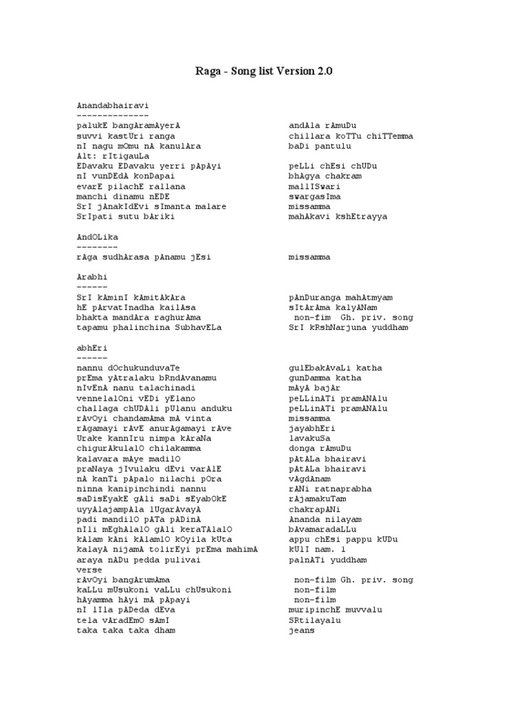 Raga - Song List Version 2.0 | PDF