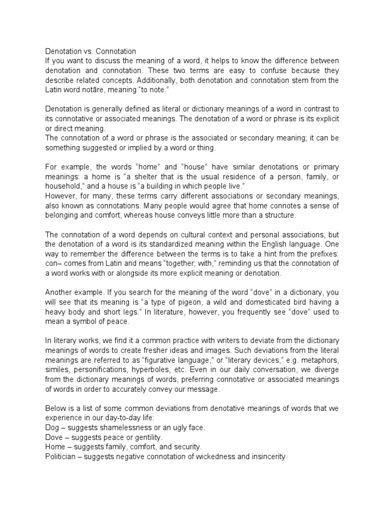 Denotation Vs Connotation | PDF | Connotation | Word