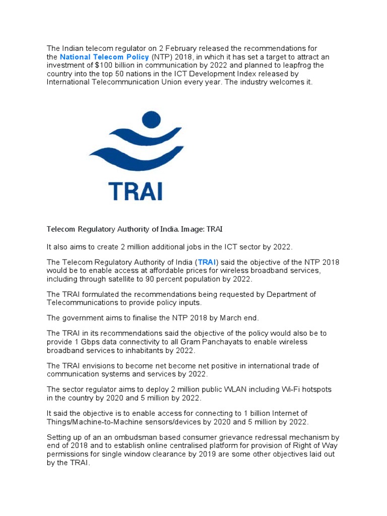 India’s National Telecom Policy 2018 Overview | PDF | Internet Access ...