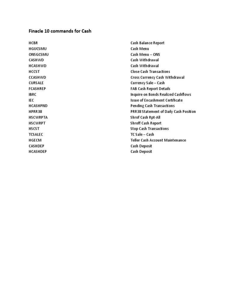 Finacle 10 Cash Commands Overview | PDF | Finance & Money Management