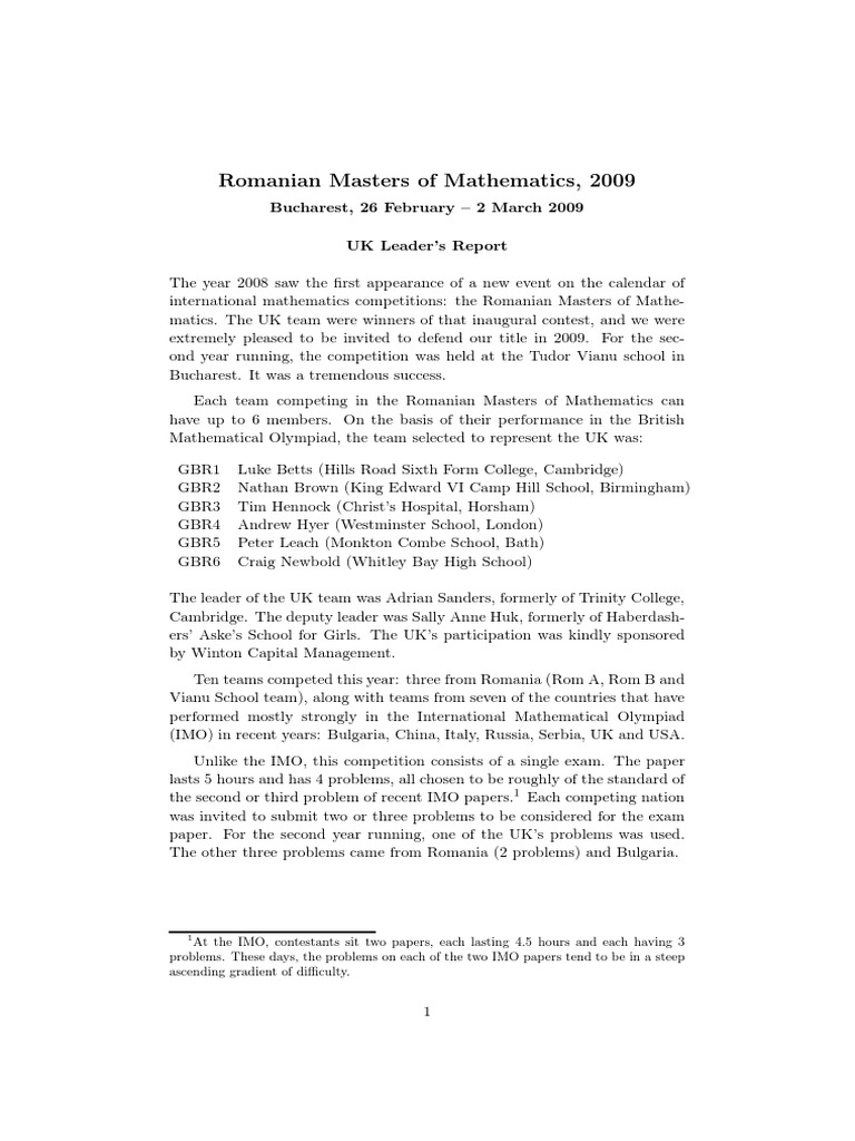 Romanian Masters of Mathematics, 2009 | PDF | Romania | Teaching ...