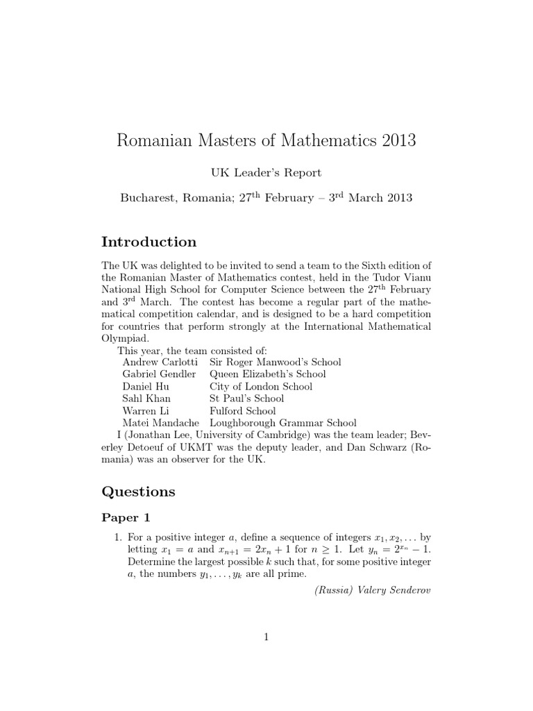 Romanian Masters of Mathematics 2013: UK Leader's Report Bucharest ...