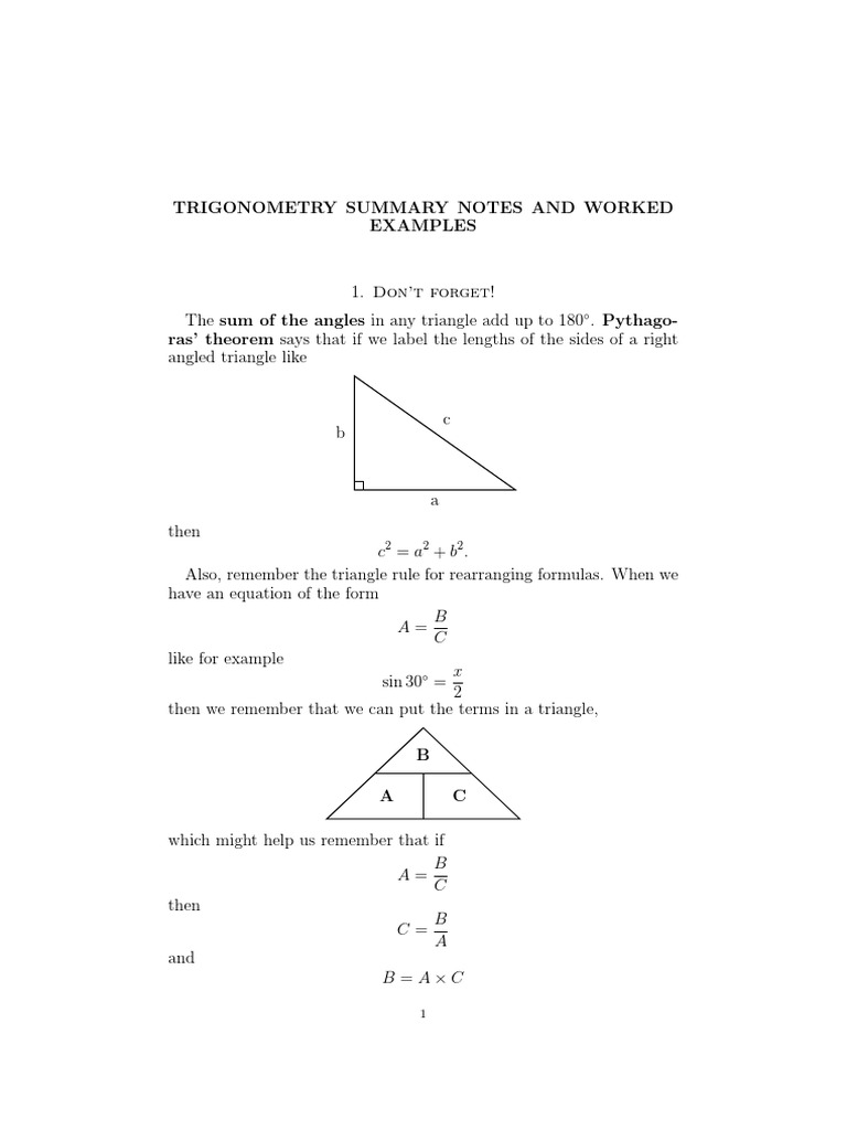Trigonometry Summary Notes and Worked Examples | PDF | Sine | Triangle